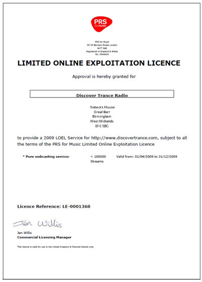 Discover Trance Radio - Licensing